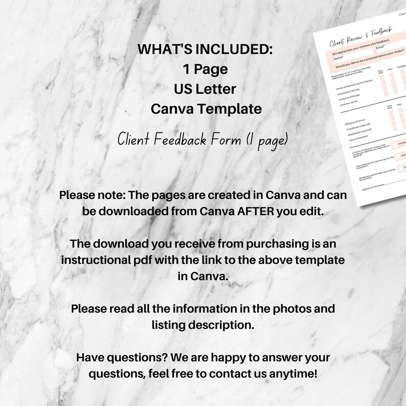 Spa Client Feedback Form, Client Questionnaire, Client Survey, Service ...