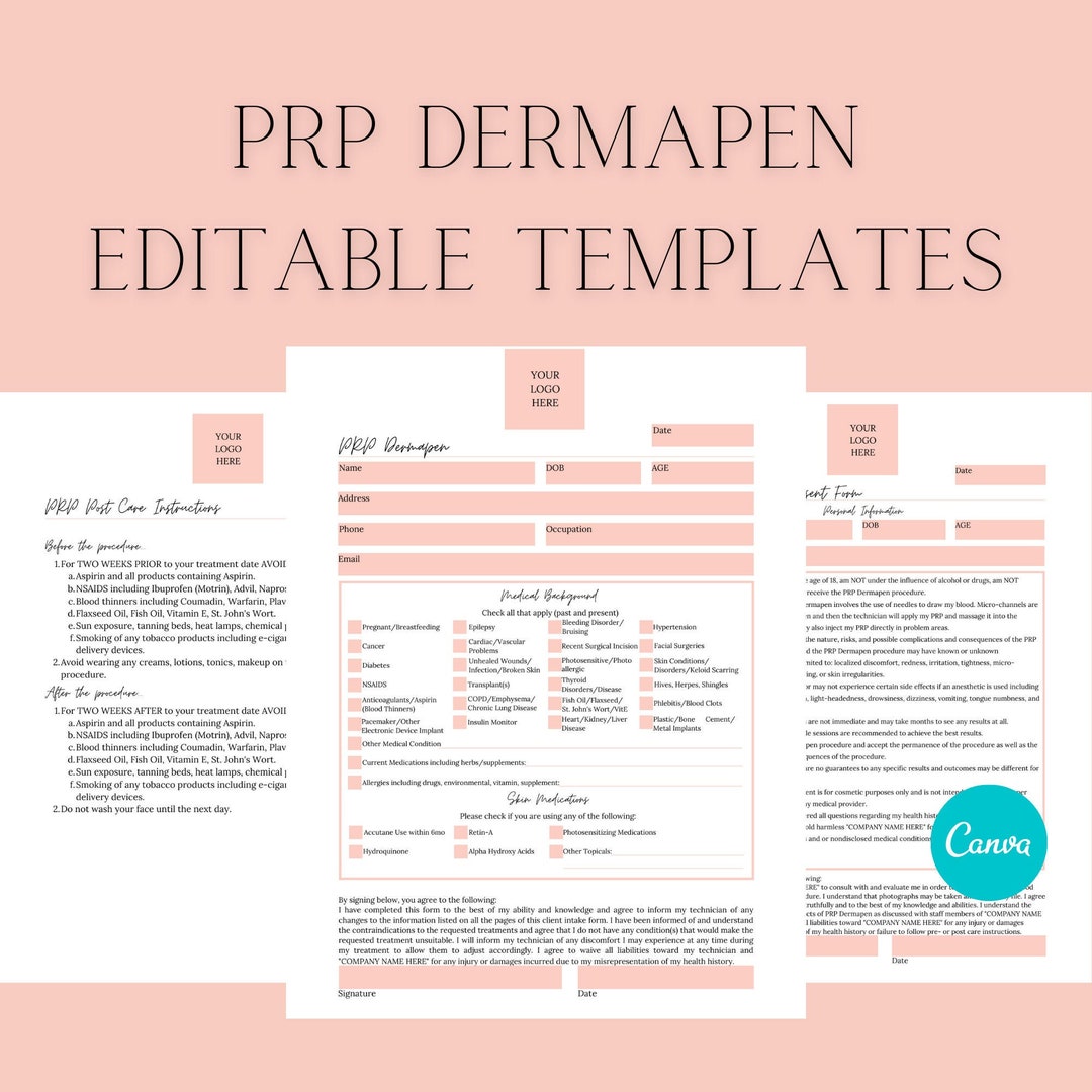 PRP Dermapen Intake Consent Aftercare Form I DIY Editable - Etsy Canada