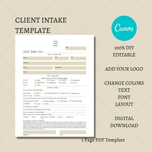 Client Intake Form, DIY Editable Printable 1 Page Canva Template, Beige ...