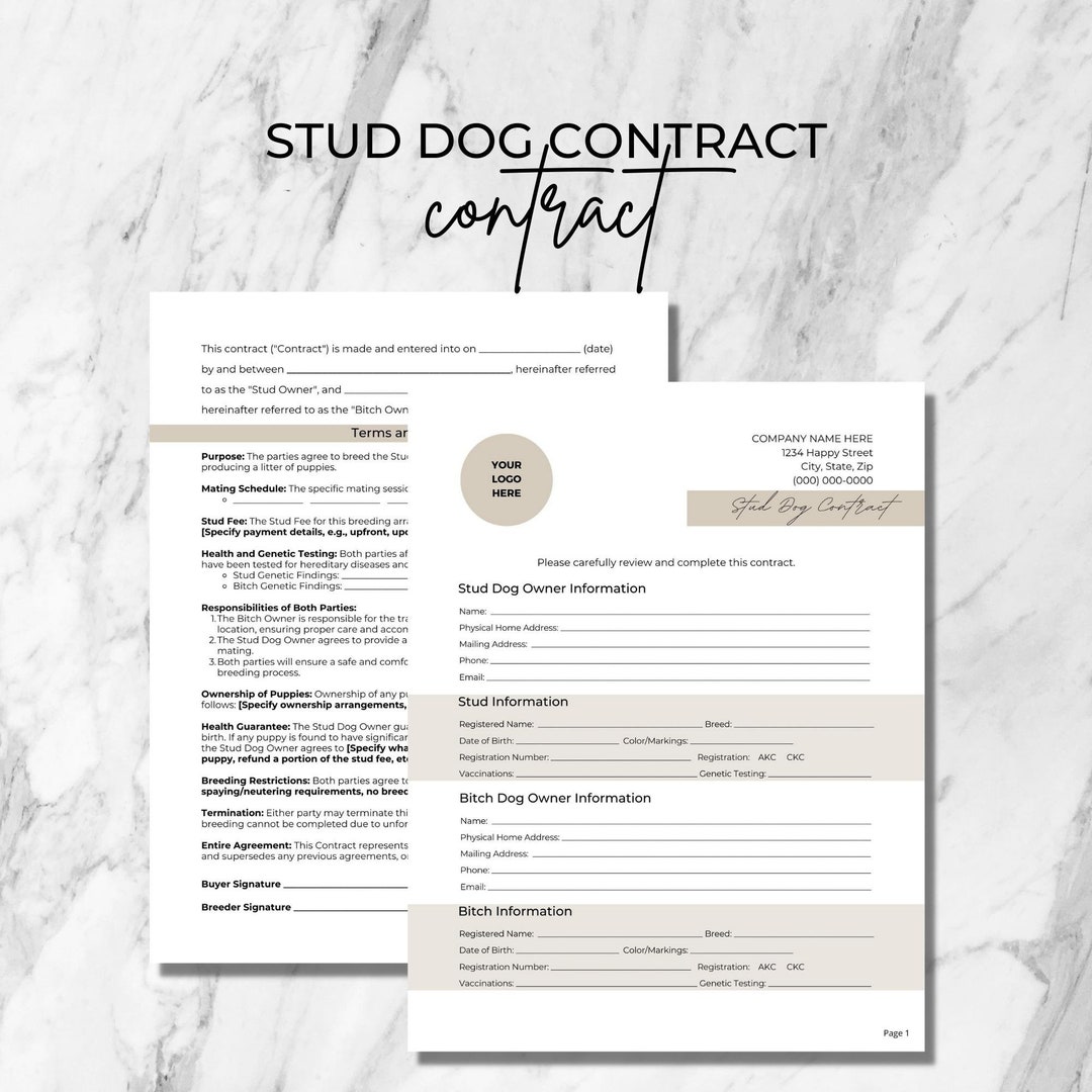 Stud Dog Contract Agreement, 2 Page Editable Canva Template, Beige ...