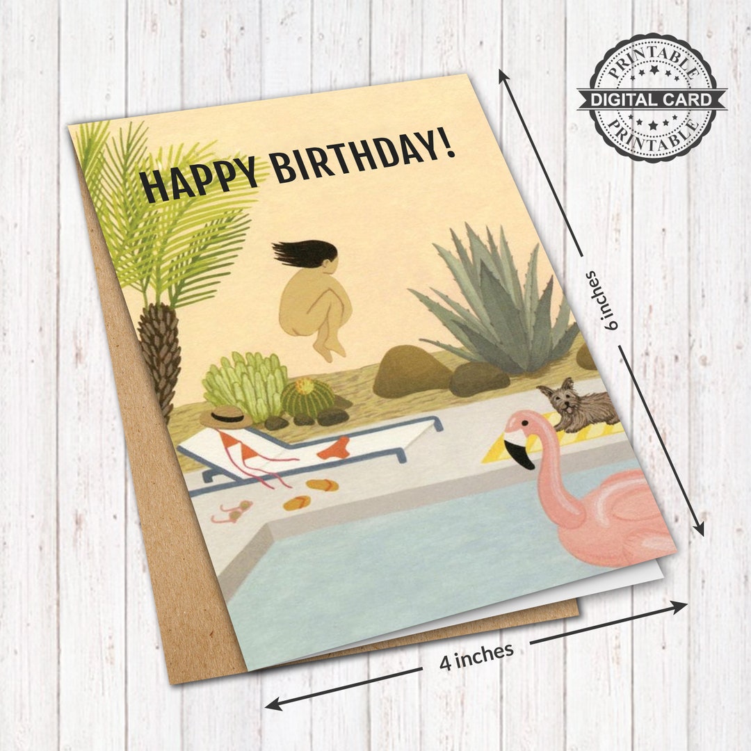 Pool Party Printable Birthday Card, Cute Naked Birthday Card Print PDF ...