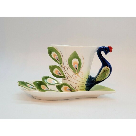 Peacock Tea Coffee Cup And Saucer Porcelain With Relief Peacock Etsy