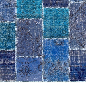 Modern Handmade Patchwork Rug in Shades of Blue, Wool and Cotton ...