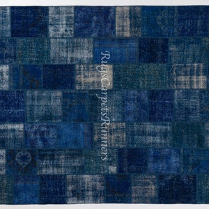 Modern Handmade Patchwork Rug, Wool and Cotton Turkish Carpet in Blue ...