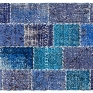 Modern Handmade Patchwork Rug in Shades of Blue, Wool and Cotton ...