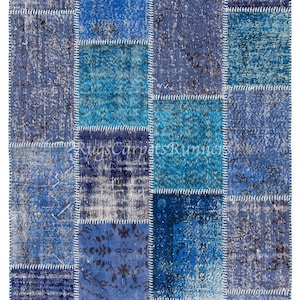 Modern Handmade Patchwork Rug in Shades of Blue, Wool and Cotton ...