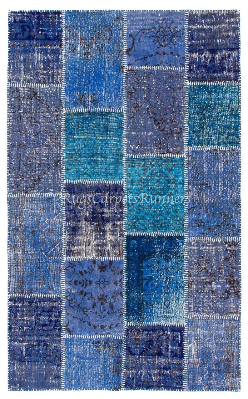 Modern Handmade Patchwork Rug in Shades of Blue, Wool and Cotton ...