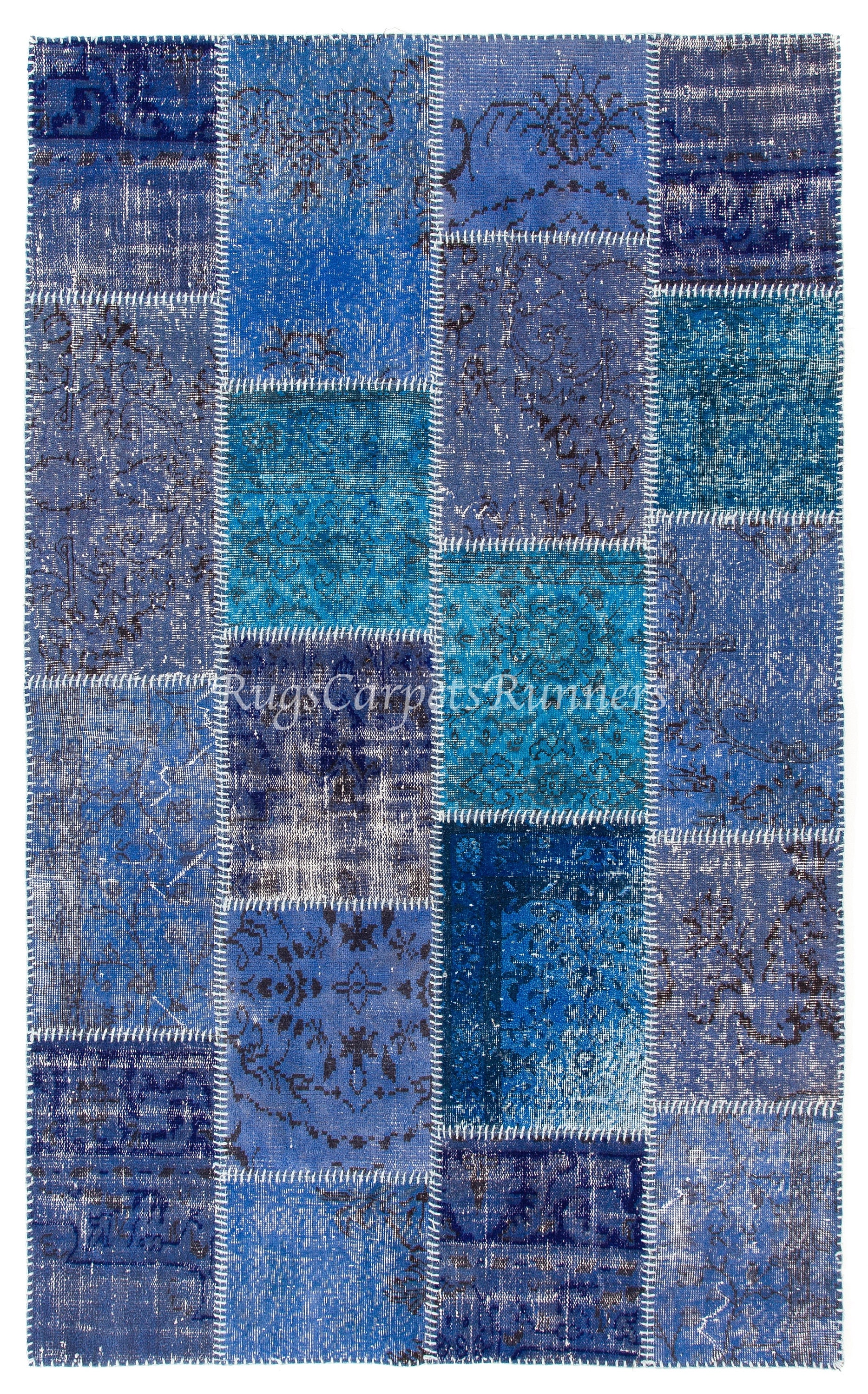 Modern Handmade Patchwork Rug in Shades of Blue, Wool and Cotton ...