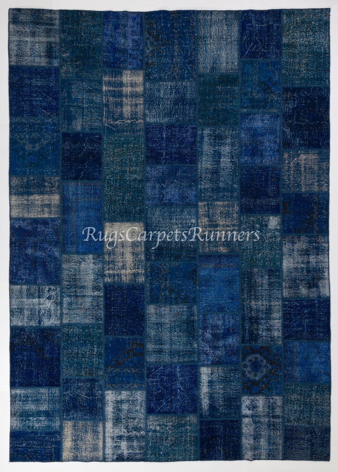 Modern Handmade Patchwork Rug, Wool and Cotton Turkish Carpet in Blue ...
