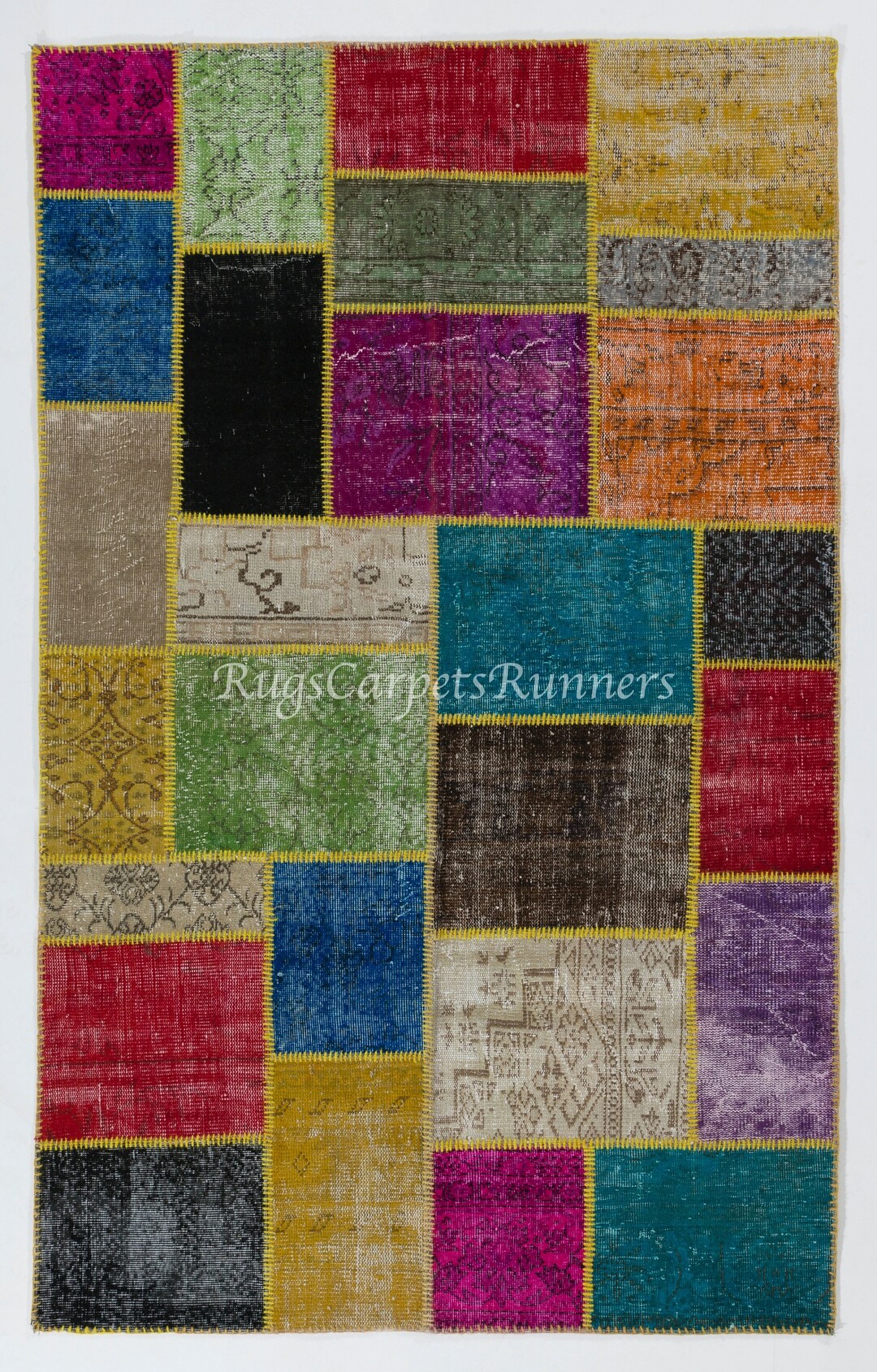 Colorful Modern Handmade Patchwork Rug, Wool and Cotton Turkish Carpet ...