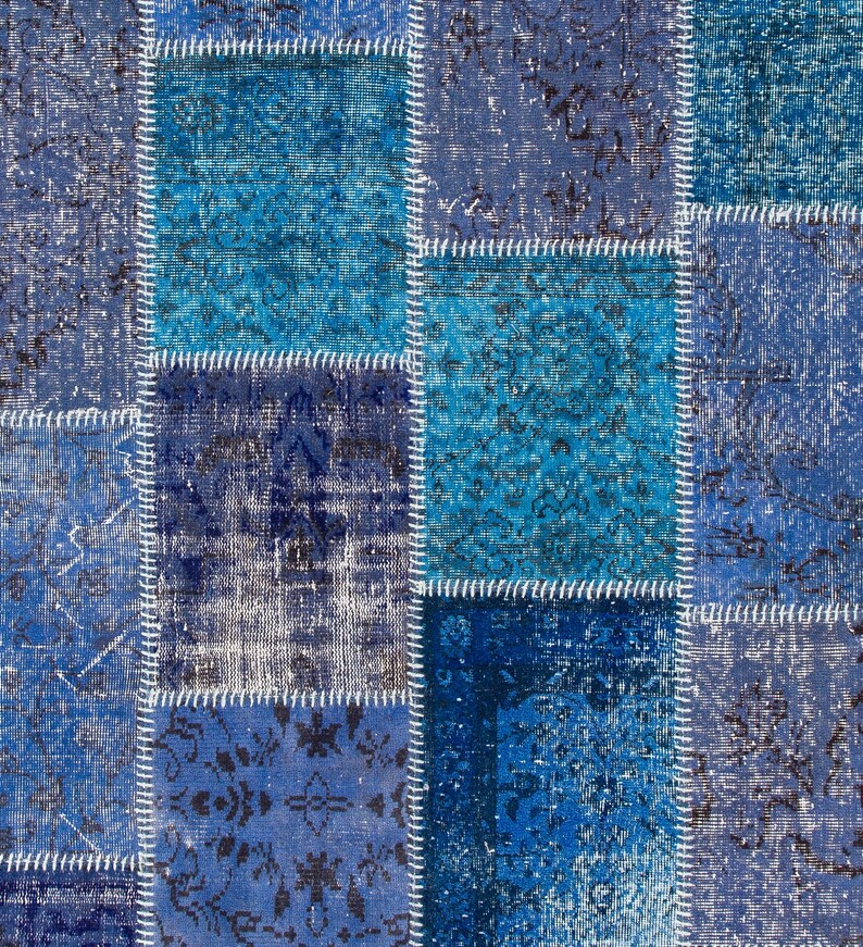 Modern Handmade Patchwork Rug in Shades of Blue, Wool and Cotton ...