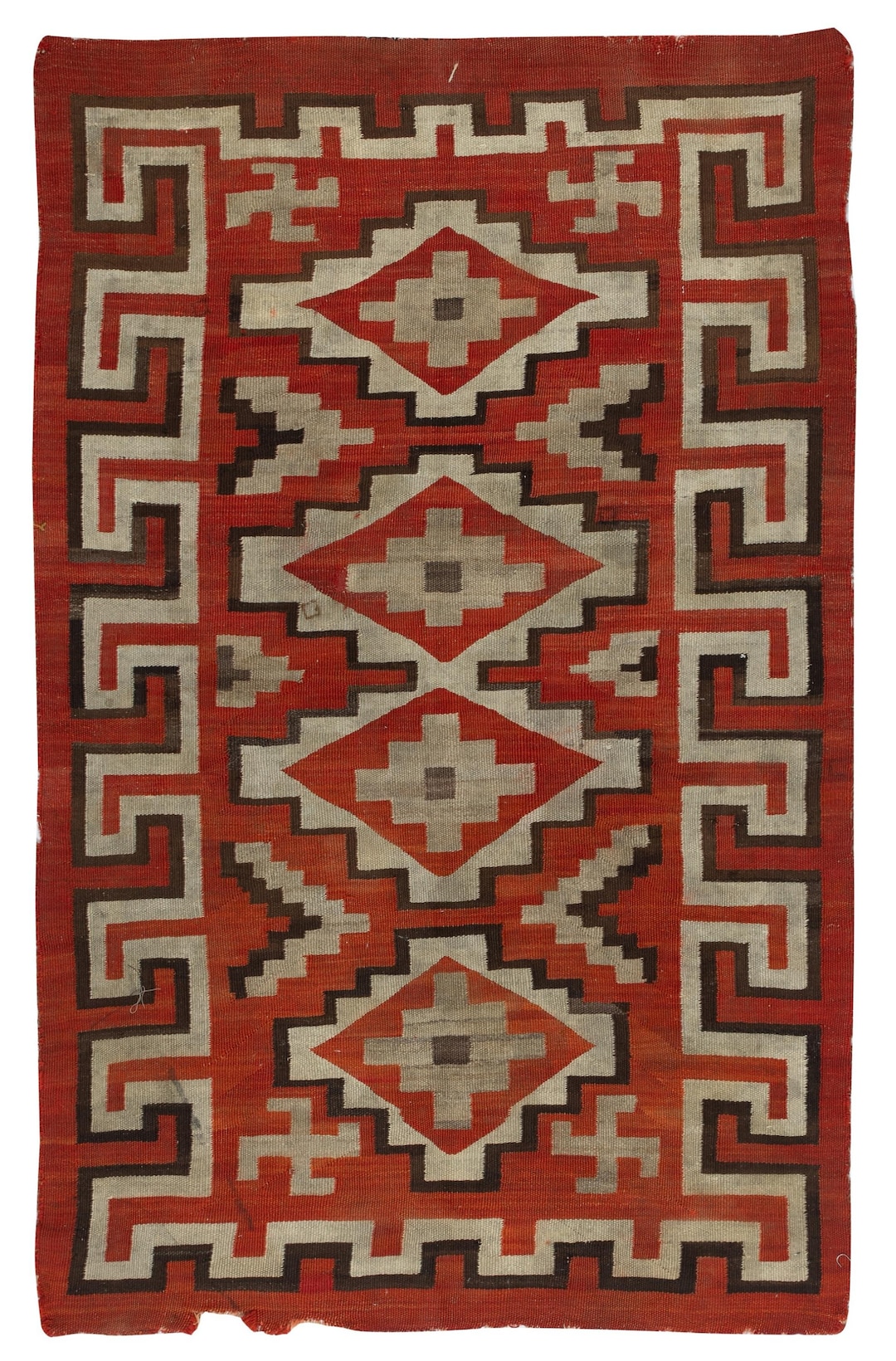 4.5x7 Ft Antique Navajo Ganado Rug, Handwoven Wool, Red and Ivory ...