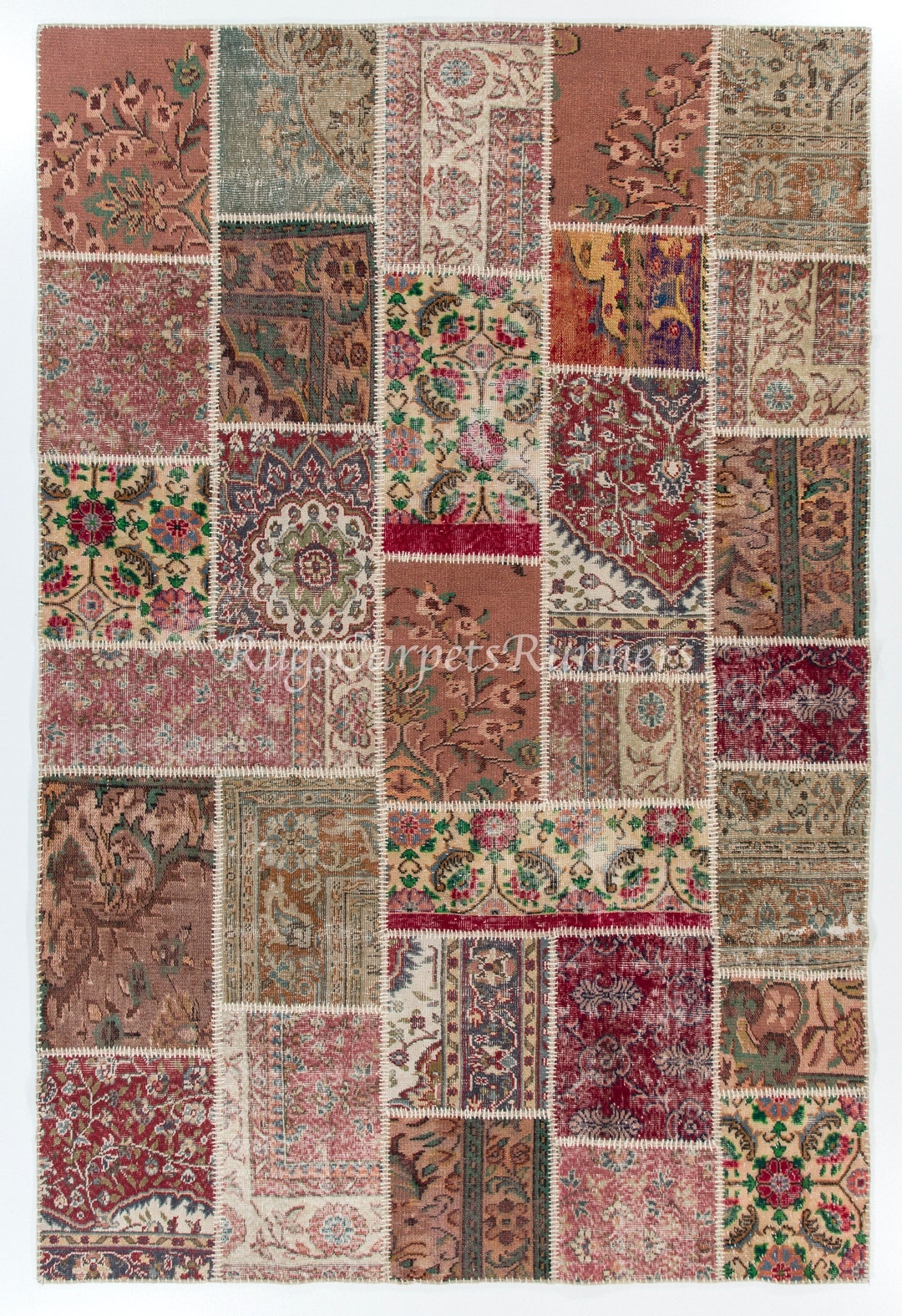 Authentic Handmade Patchwork Rug, Modern Wool and Cotton Turkish Carpet ...
