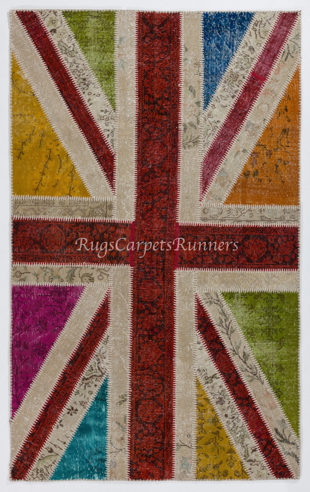 Union Jack British Flag Design Patchwork Rug. Vintage Handmade Wool ...
