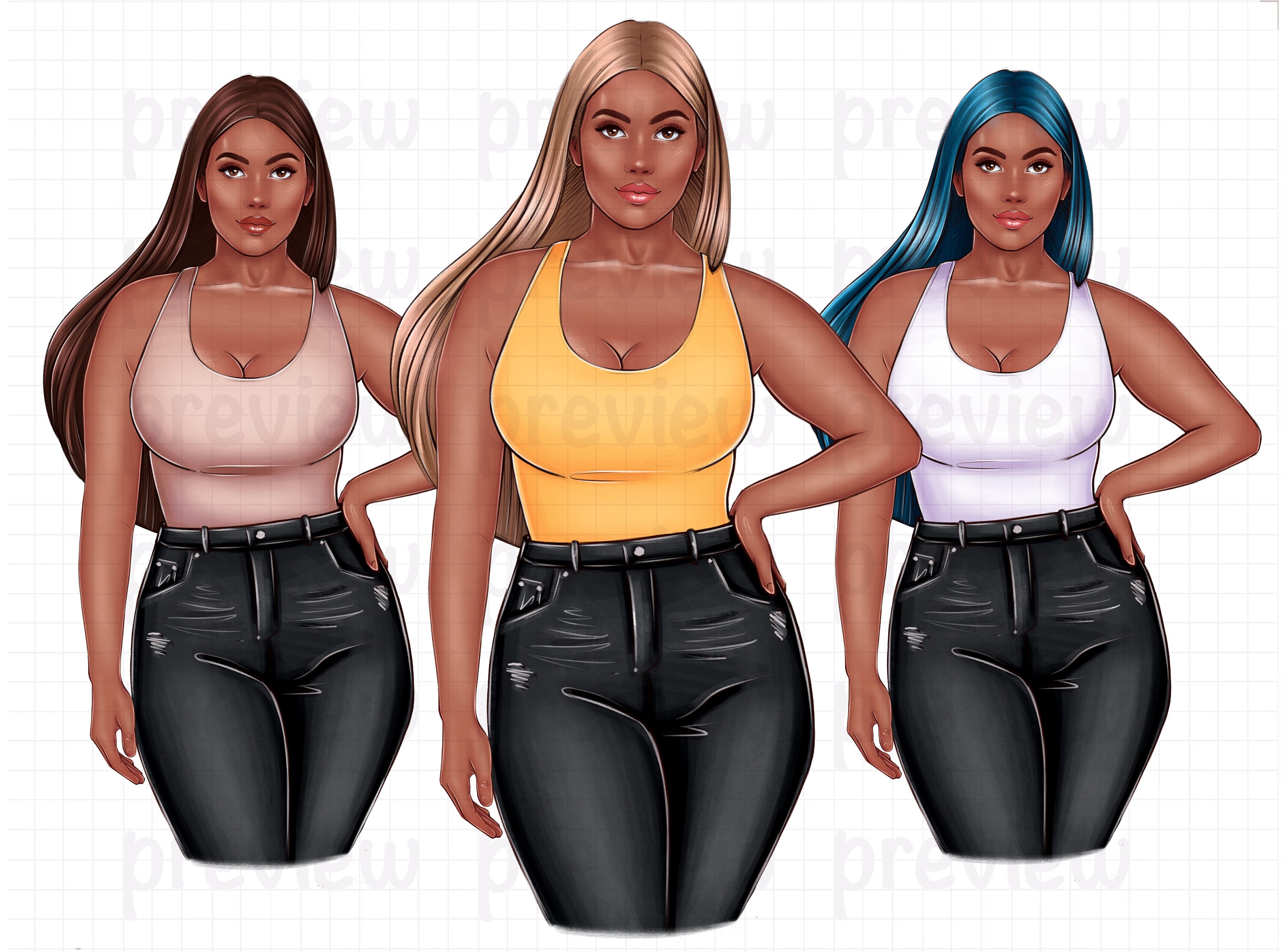 African American Fashion Girl Clipart Denim Girl Clipart PNG - Etsy