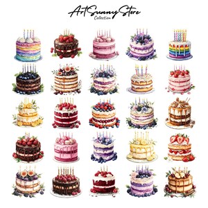 24 Birthday Cake Watercolor Clipart Set, Elegant Chocolate, Fruit ...
