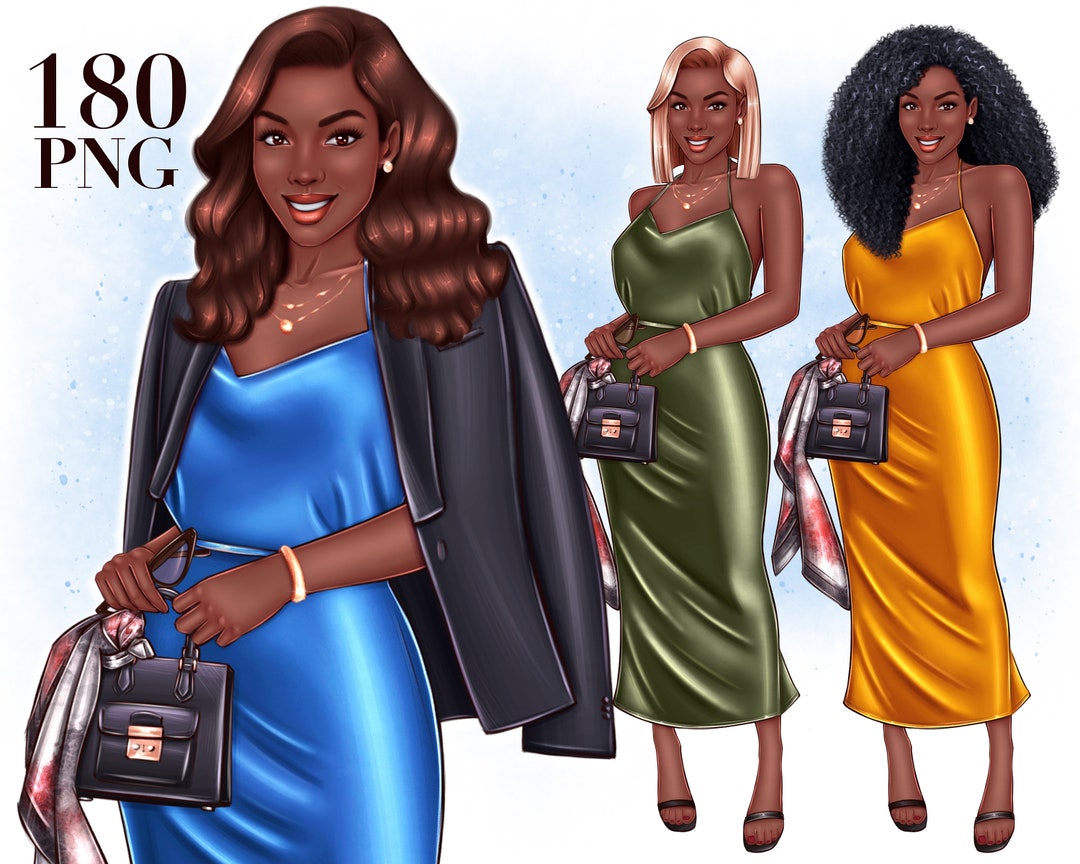African American Girl in Silk Dress Clipart, Fashion Girl Clipart ...