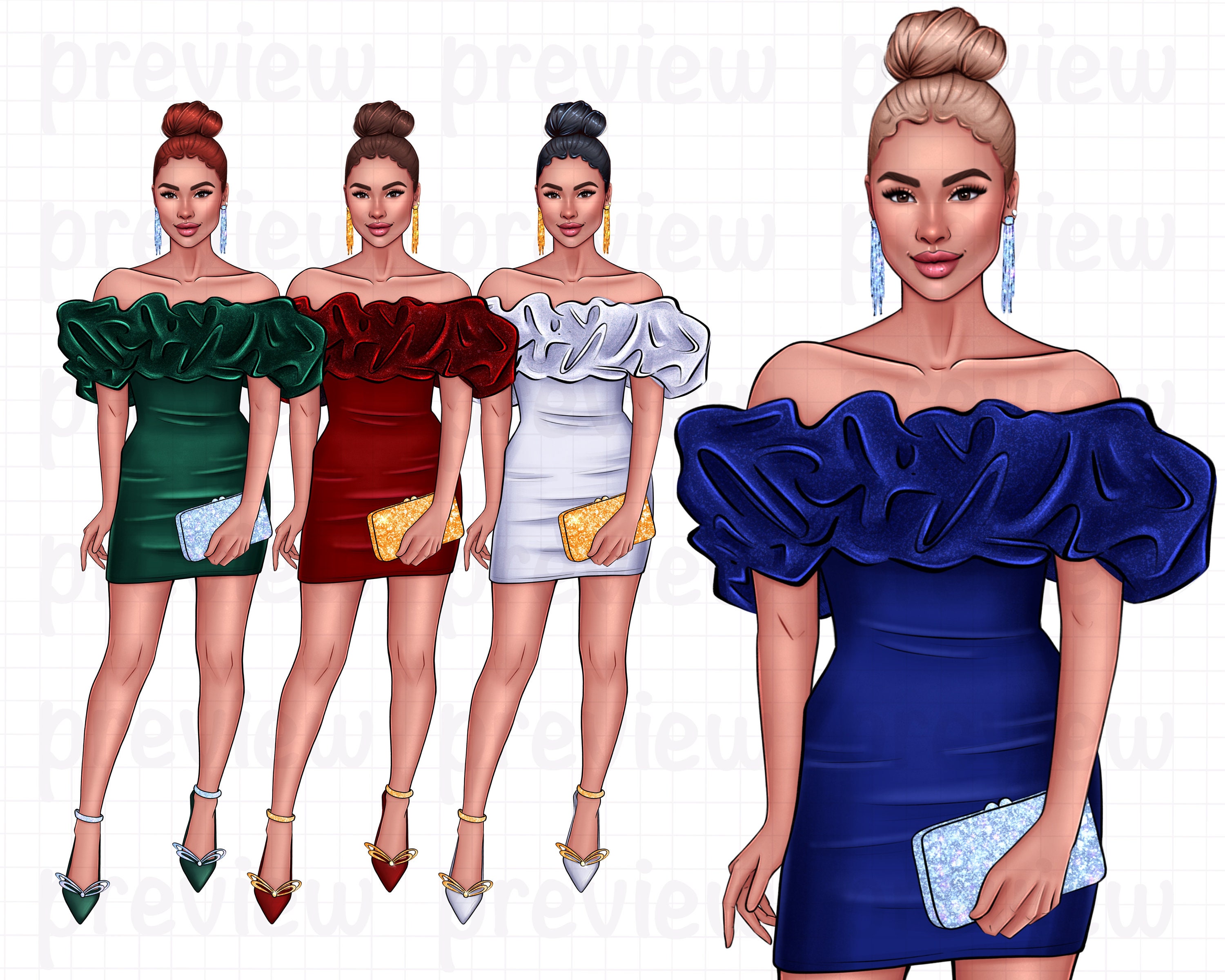 Evening Collection Fashion Girl Clip Art Dress Clipart - Etsy