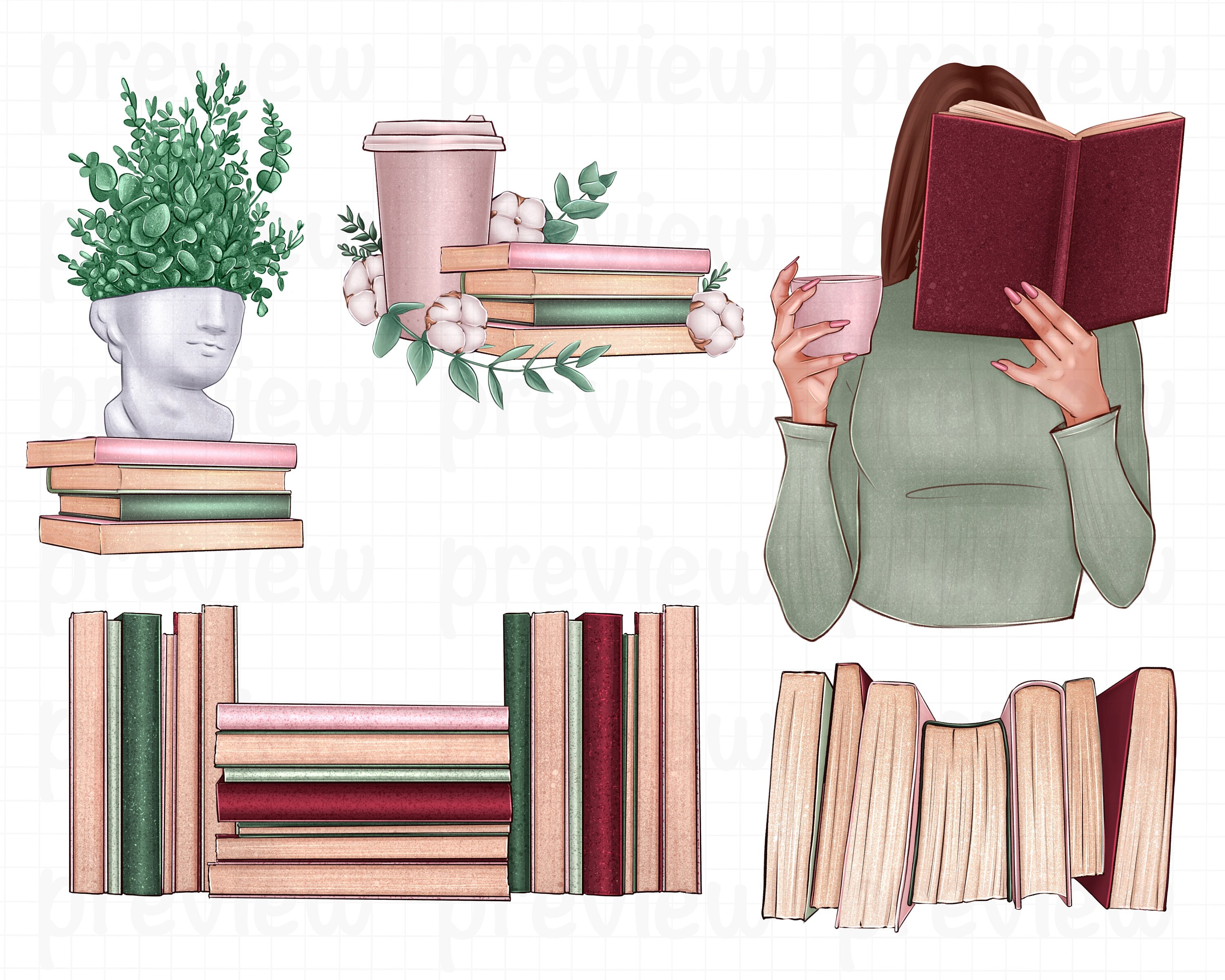 Booklover Clipart Reading Woman Png Booklover Girl Digital - Etsy
