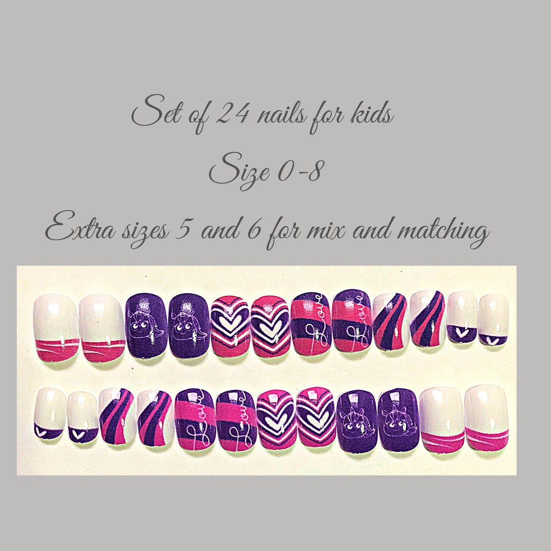 Purple, Pink, Hearts Mix and Match Kids Press-on Nail Set - 24 Nails ...