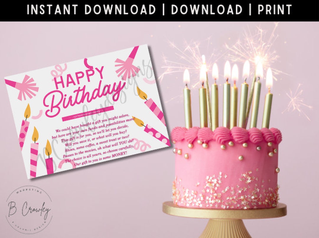 Pink Happy Birthday Money Gift Card | Money Gift Tag | Birthday Card ...