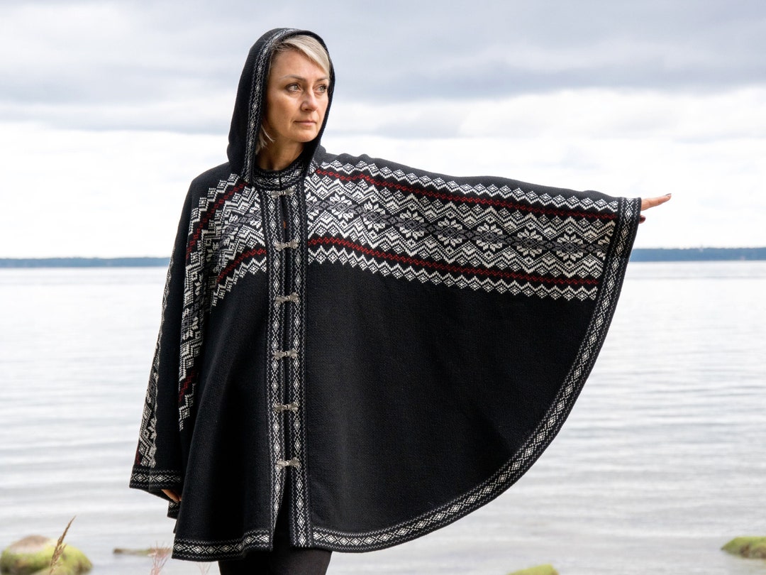 Black Woolen Poncho With Red Fair Isle Pattern Hooded Nordic Cape on ...