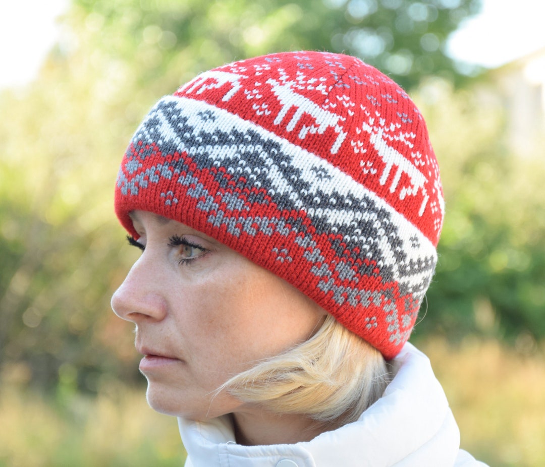 Red Cuffed Nordic Winter Hat for Men and Women Scandinavian Woolen ...