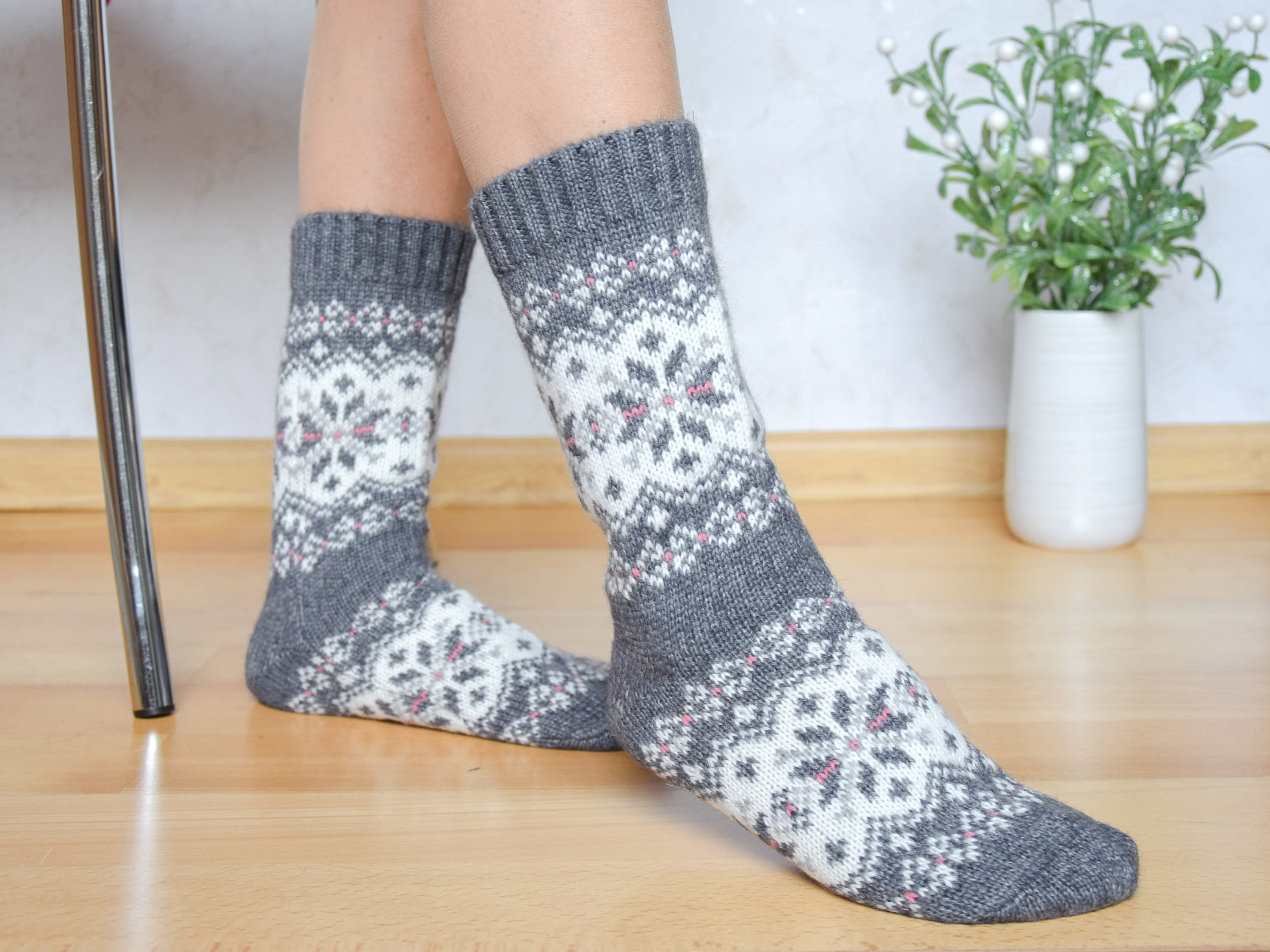 Alpaca Socks Warm Fair Isle socks for home Gray Woolen socks | Etsy