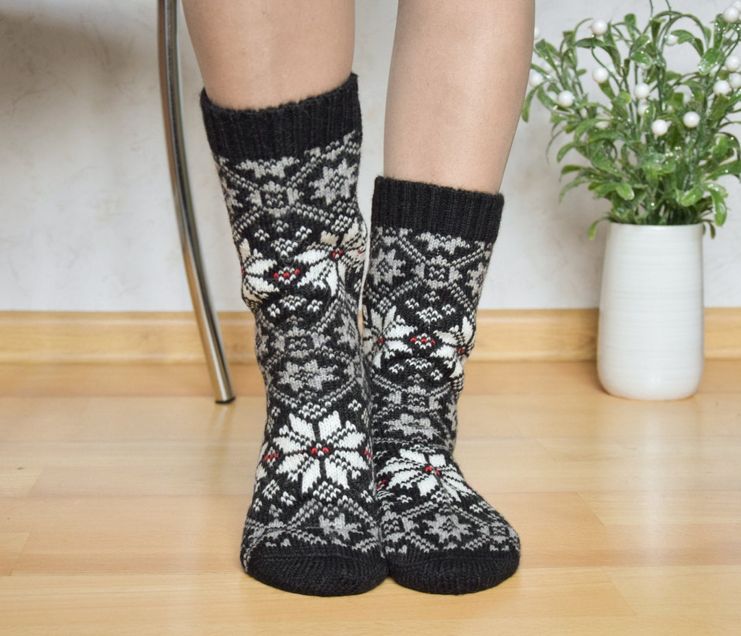 Black Alpaca Wool Socks With Traditional Nordic Jacquard Patterns Warm ...
