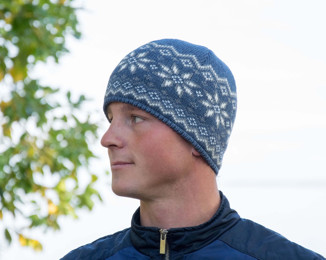 Blue Nordic Woolen Hat for Men With Fair Isle Pattern Beanie Ski Hat in ...