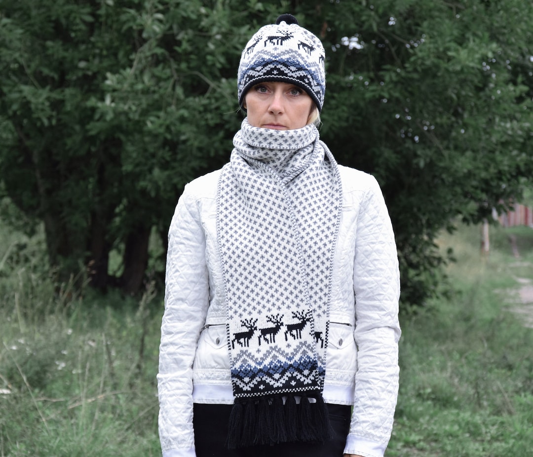 Black & White Scandinavian Scarf With Tassels Thick Nordic Winter Scarf ...