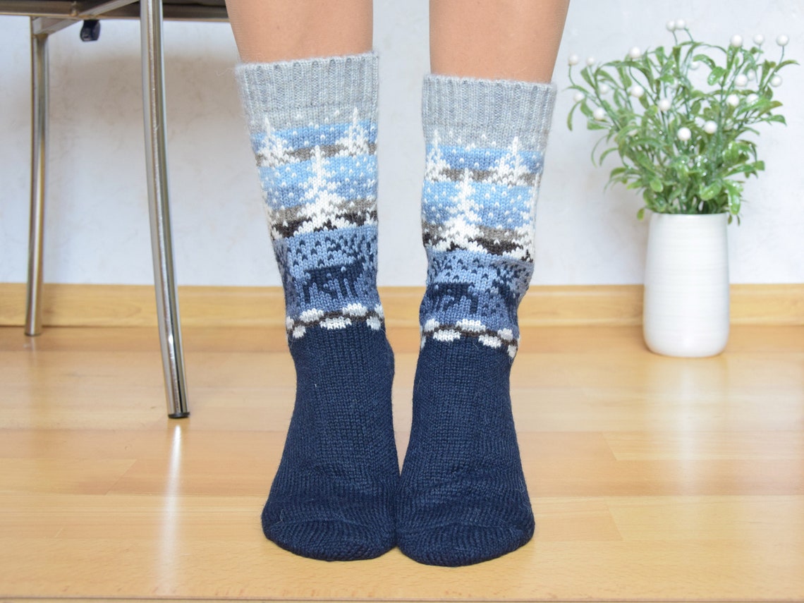 Beautiful Alpaca Socks Warm Fair Isle Socks With Winter Landscape for ...