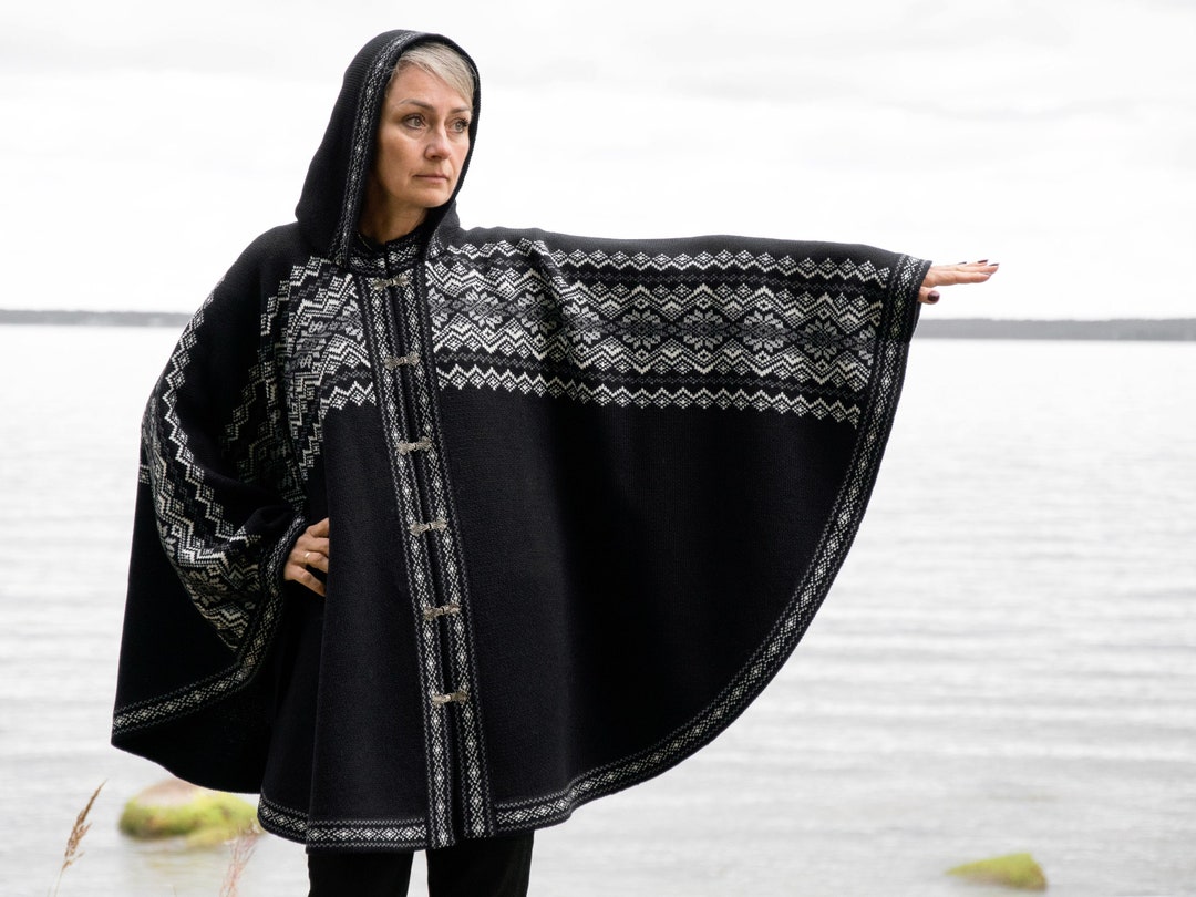 Black and Navy Woolen Poncho With Fair Isle Pattern Hooded Nordic Cape ...