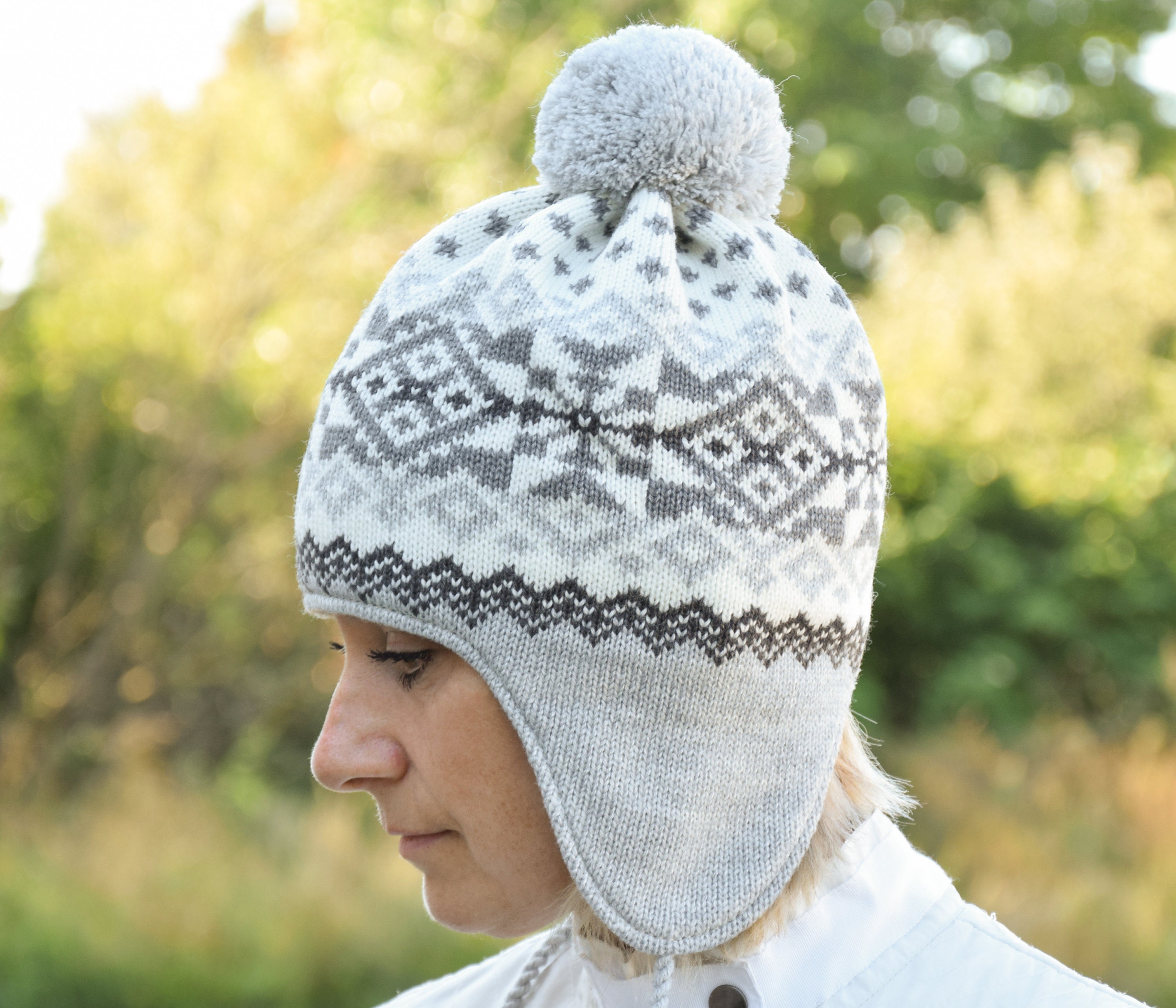 Knitted Scandinavian Wool Winter Hat With Nordic Fair Isle Pattern Gray ...