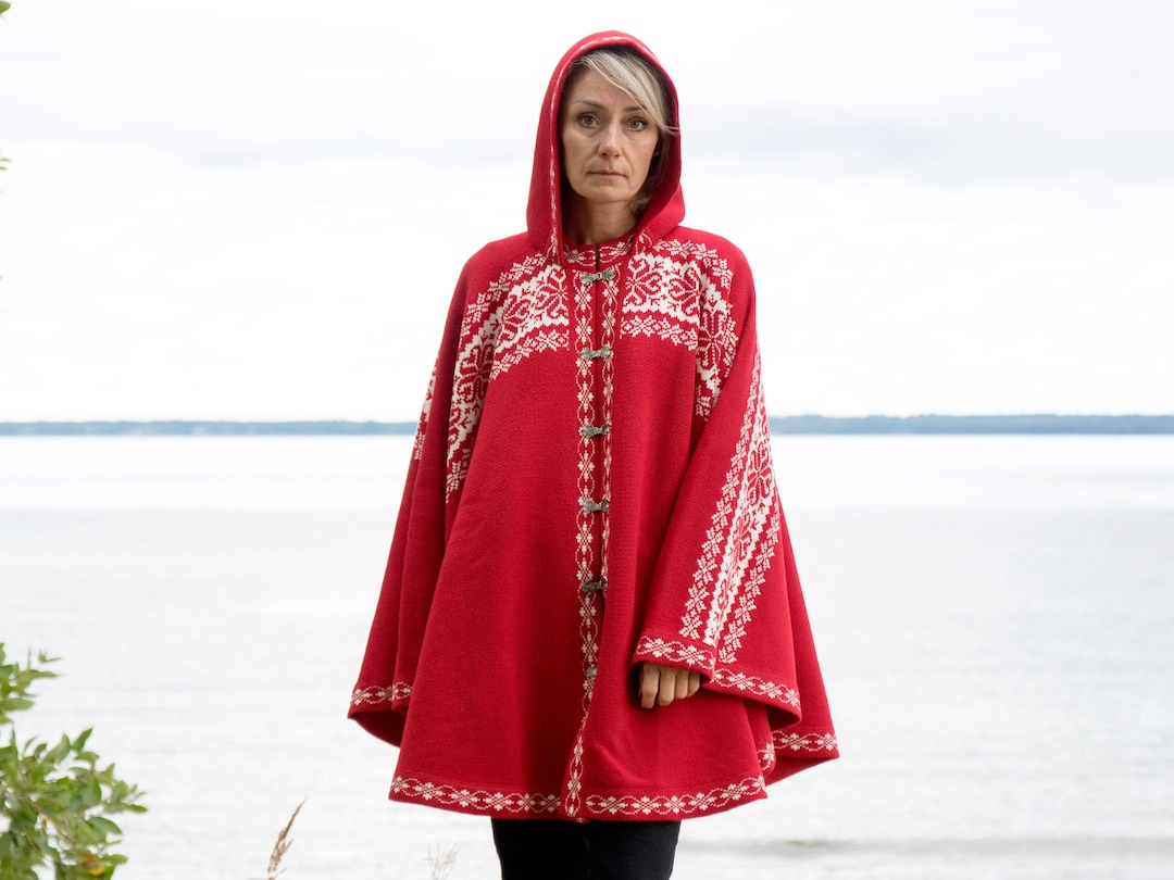 Red Woolen Poncho With Fair Isle Pattern Nordic Cape on the Norwegian ...