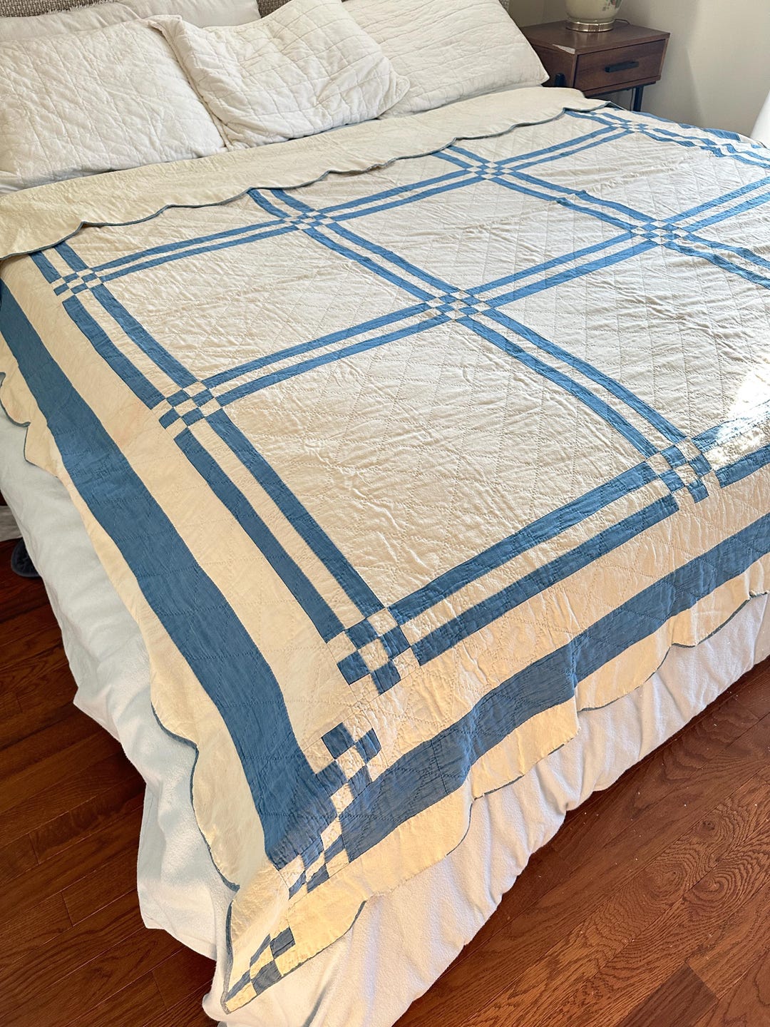 Primitive Early Century Window Pane Quilt With Blue and White Cream ...