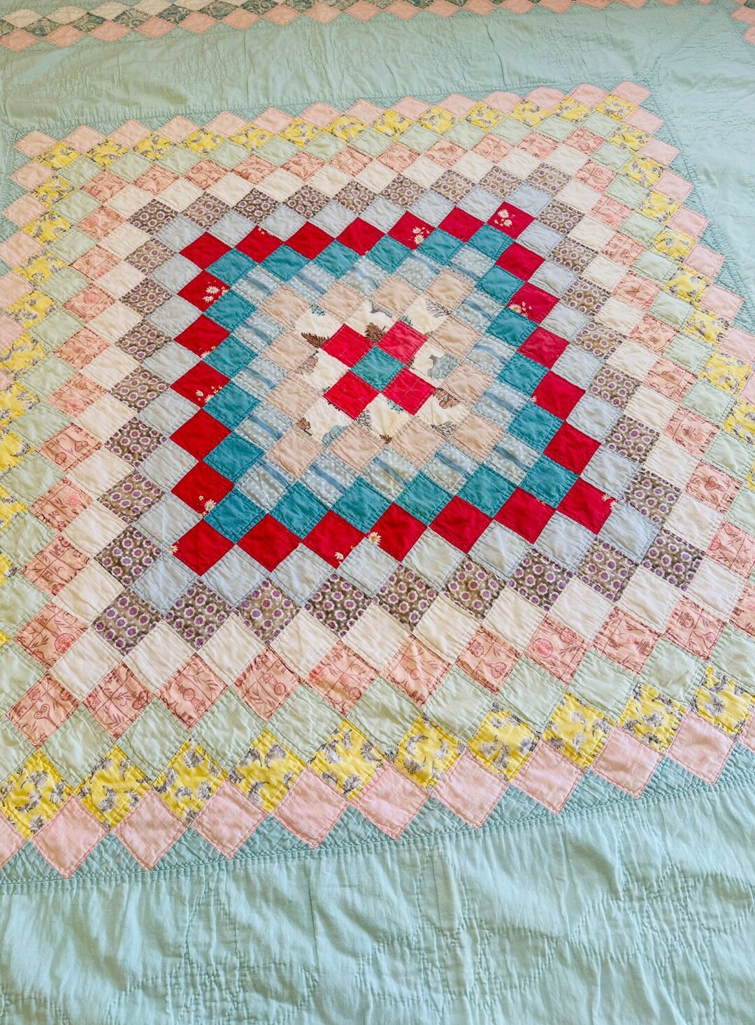 Vintage Mid-century Handmade Quilt, 1950s, Geometric Around the World ...