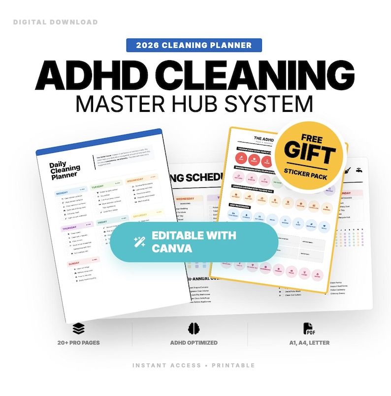 ADHD Cleaning Planner 2026, Editable Home Reset System (PDF Download ...
