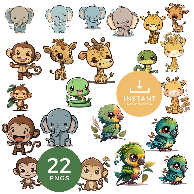 Kawaii Chibi Safari Animal Clip Art: Jungle PNG Bundle (full POD ...