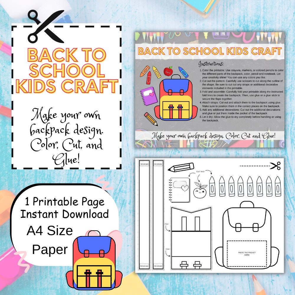 Back to School Kids Craft, PRINTABLE PDF File, Color Cut and Paste ...