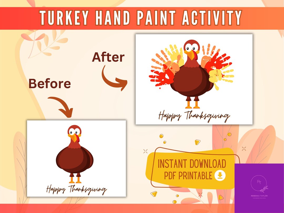 Printable Turkey Hand Painting Activity for Kids, Thanksgiving Craft ...