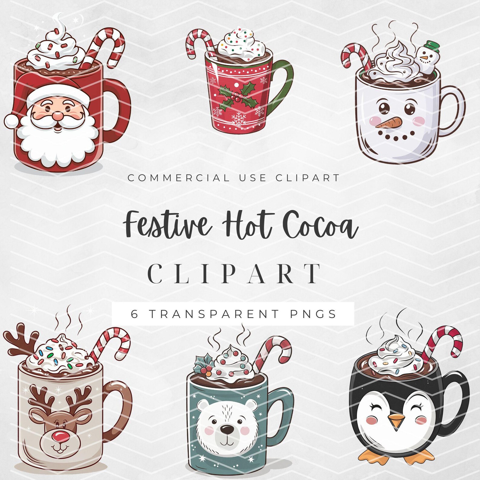 Festive Hot Cocoa Mug Clipart Set of 6 Fun Christmas Digital Download ...