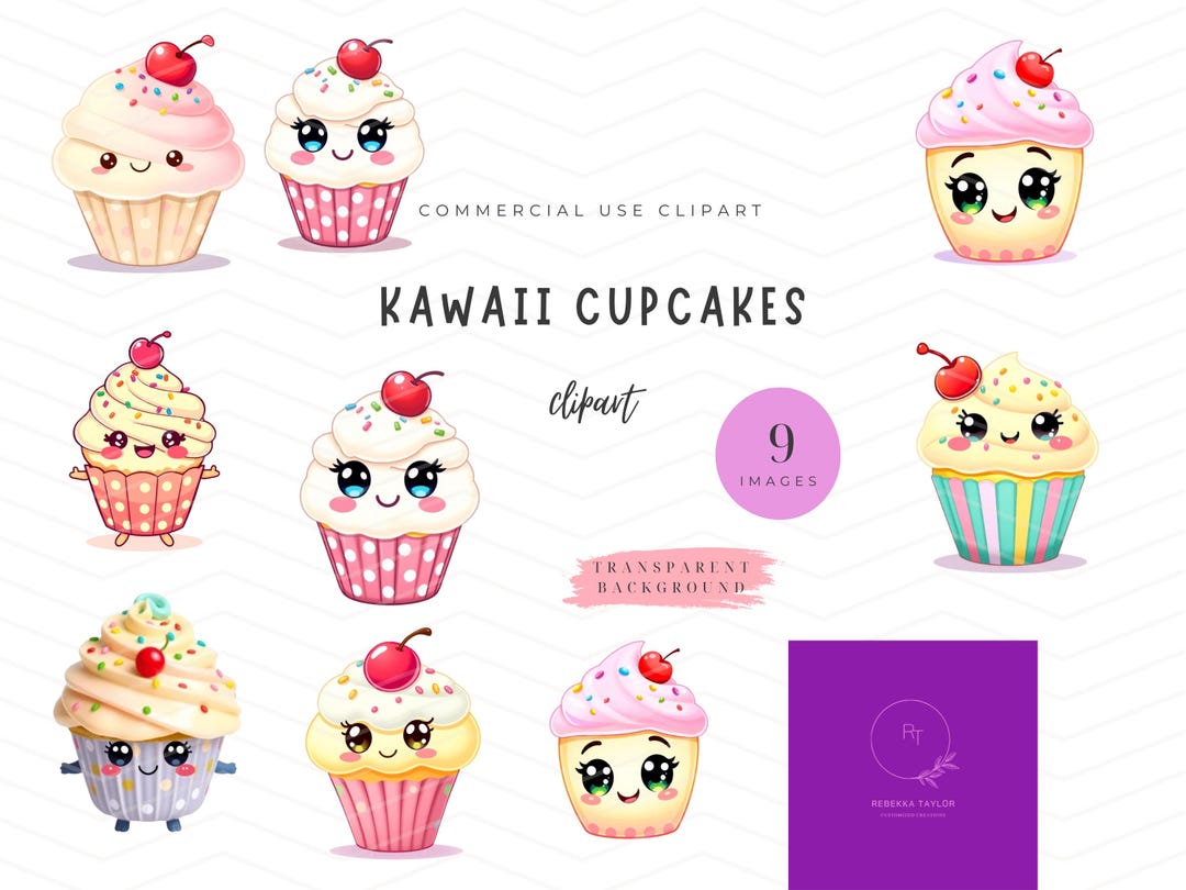 9 Kawaii Cupcakes Clip Art PNG Set | cute Pastel Cupcake Digital ...