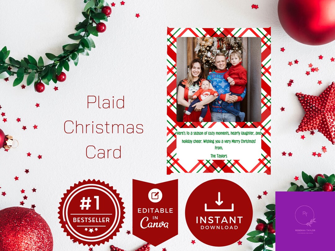 Editable Plaid Christmas Card Canva Template - Modern Holiday Greeting ...