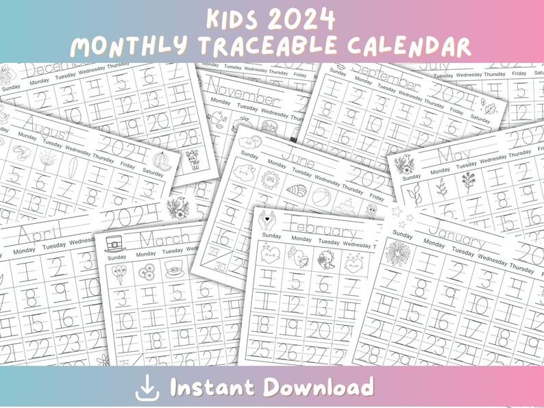 PRINTABLE 2024 Kids Traceable Calendar, Fun Interactive Monthly ...