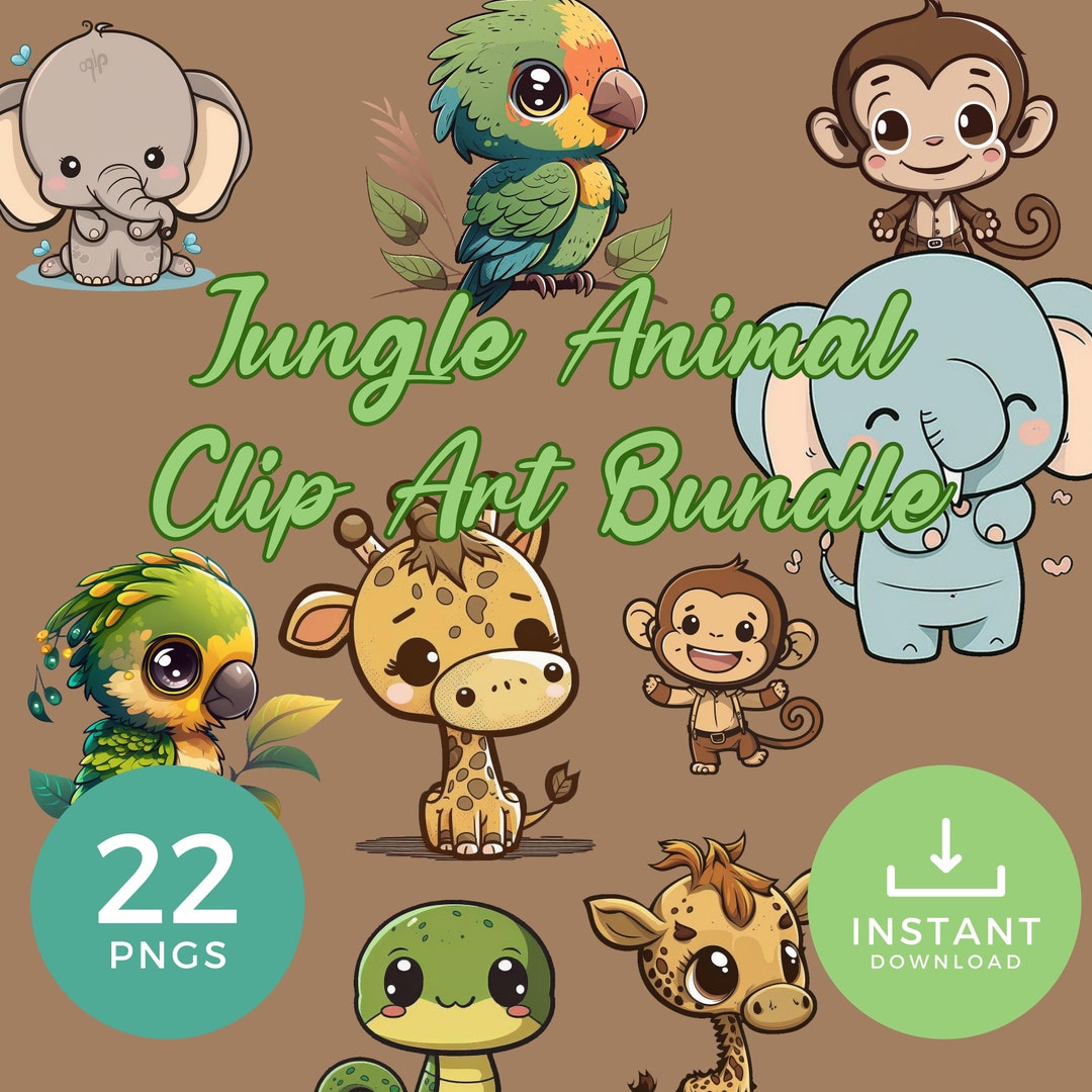 Jungle Safari Animal Clip Art Bundle, 22 PNG Image Files, Kawaii Chibi ...