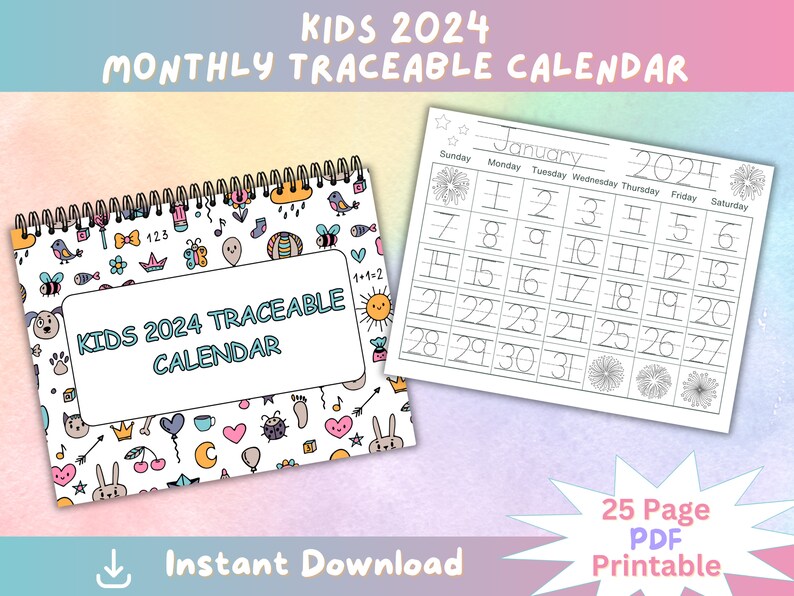 PRINTABLE 2024 Kids Traceable Calendar, Fun Interactive Monthly ...