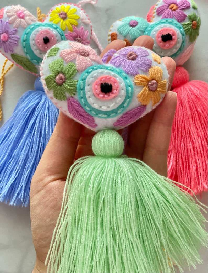 Embroidered Evil Eye Heart Tassel: Handmade Bag Accessory - Etsy