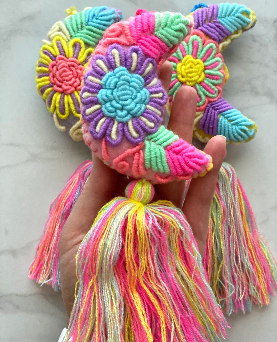 Embroidered Moon Tassel Keychain: Boho Bag Charm - Etsy