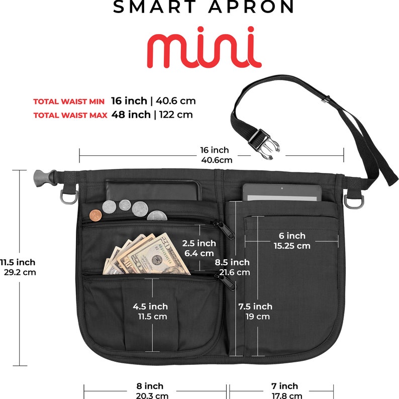 Smart Apron Mini Waist Apron 5 Pockets With Zippers & Adjustable Clip ...